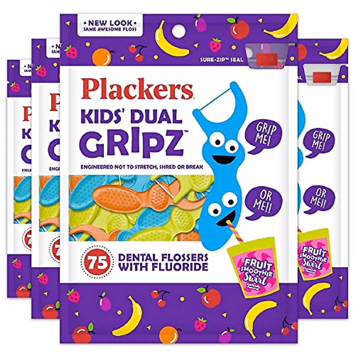 Plackers Kids Dual Gripz Flossers with Fluoride, Grip Me Handle, Fruit Smoothie Swirl Flavor, BPA Free, Colorful Floss Picks for Kids of All Ages, 75 Count (Pack of 4)