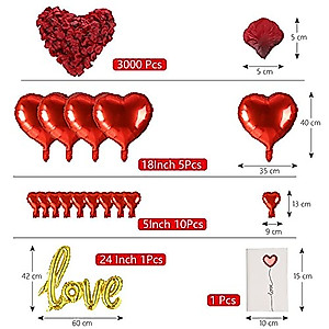 huaao 3000pcs Red Rose Petals for Romantic Night for Bedroom,10pcs Red Heart Balloons 1pcs Love Valentines Day Balloons Anniversary Birthday Honeymoon Wedding Flower Party Supplies DIY Decorations for bedroom
