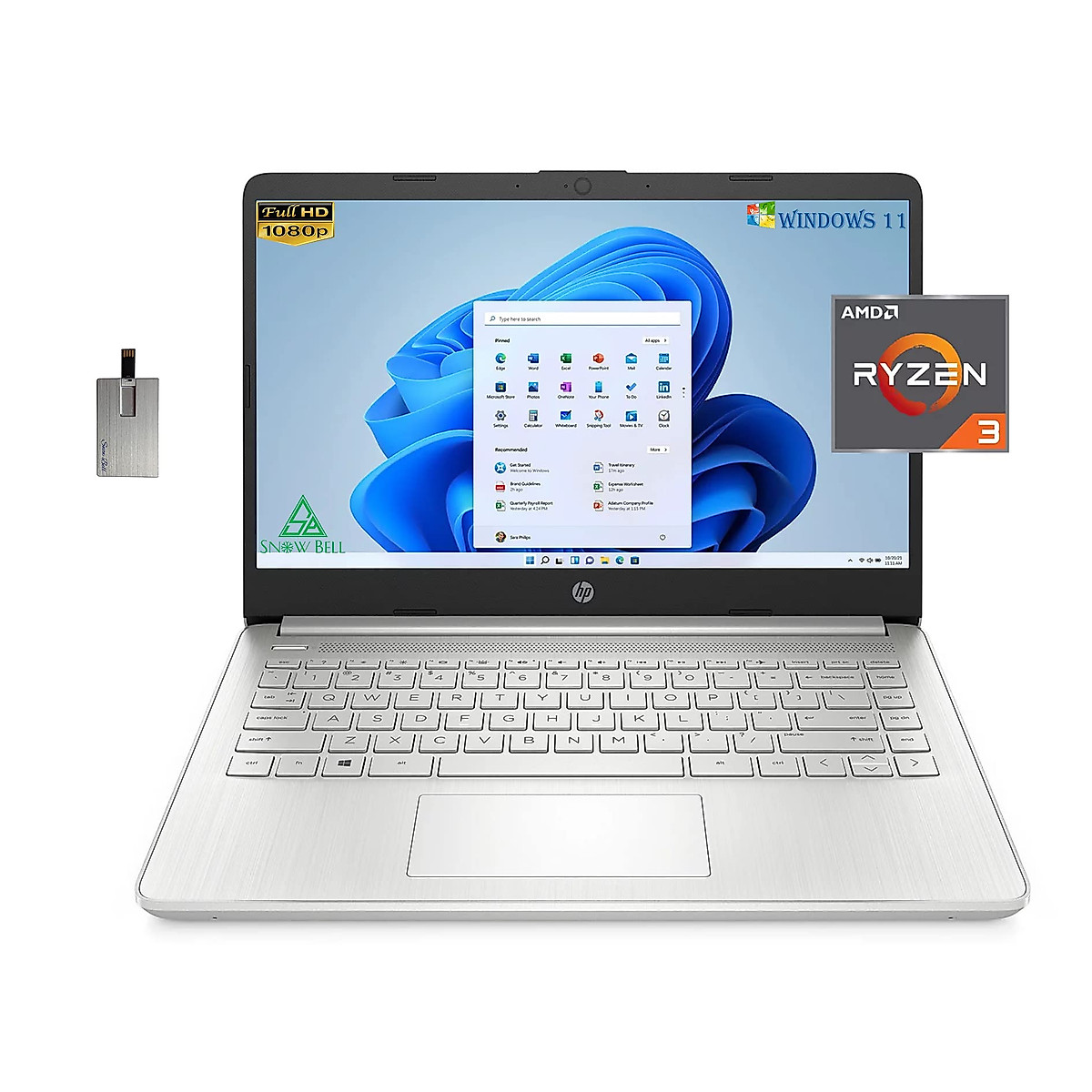 HP 2022 14" FHD IPS Display Laptop, AMD Ryzen 3-3250U, 32GB RAM, 1TB PCIe SSD, AMD Radeon Graphics, True Vision HD Camera, Wi-Fi 5 and Bluetooth, Windows 11 S, Silver, 32GB Snow Bell USB Card