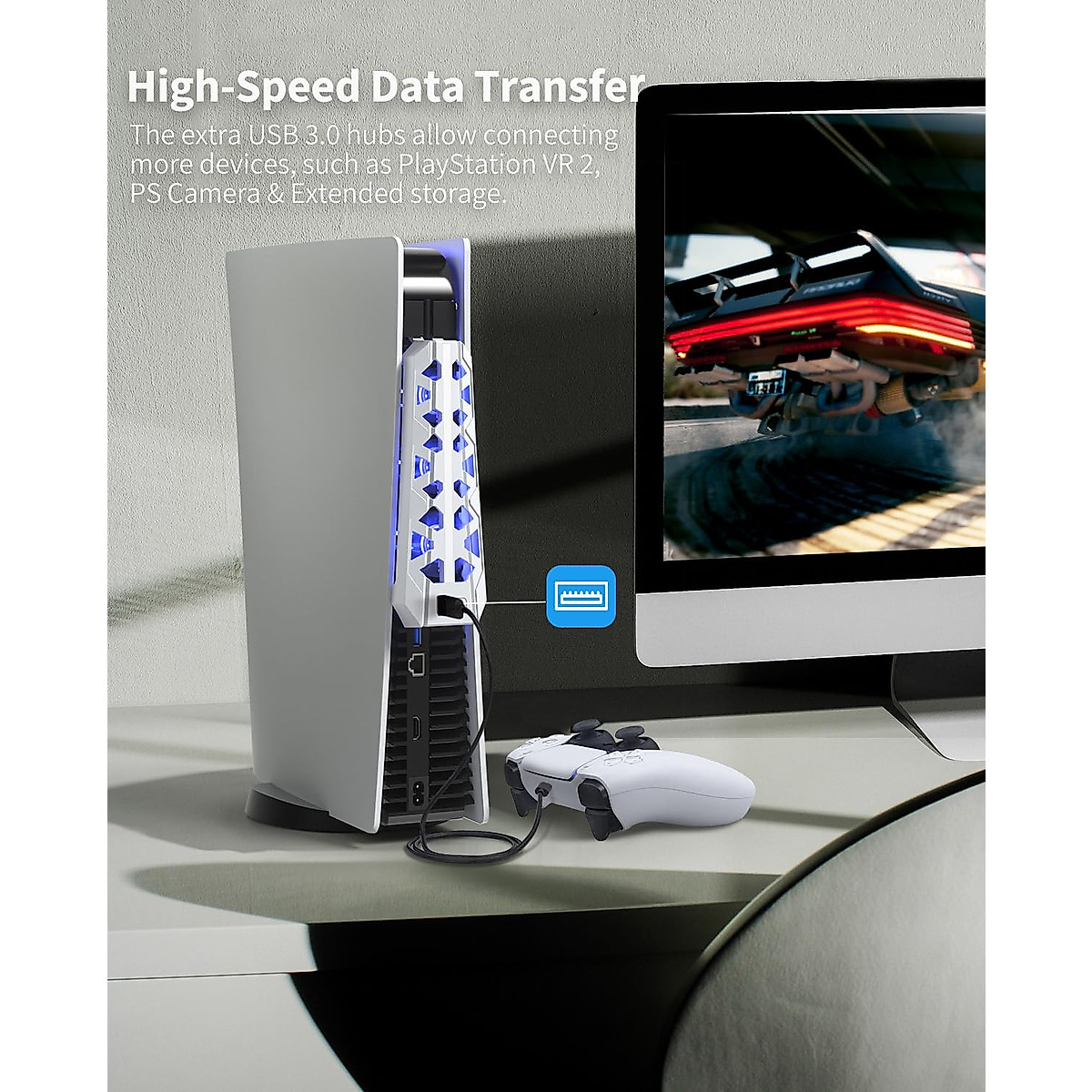 Anspect PS5 Cooling Fan, PS5 Accessories Cooler with High-Performance Cooling Fans(7000RPM), LED Light, Air Balance Blade, USB3.0 Hubs, Efficient Cooling System for PS5 Digital/Disc Edition