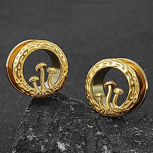Earblity 2PCS 14mm/9/16 Gold Mushroom Ear Gauges Basic Ear Plugs Tunnels for Stretched Ears Hypoallergenic 316 Stainless Steel Ear Body Piercing Jewelry for Women Men