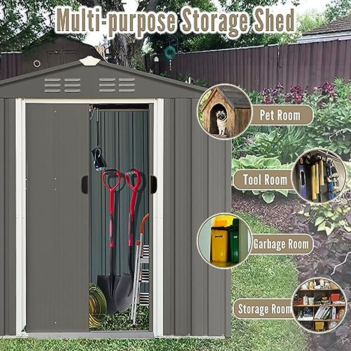 IJIALIFE 6 x 4 FT Outdoor Storage Shed,Galvanized Metal Garden Tool Shed,Sheds & Outdoor Storage Clearance with Sliding Door and Vant,Metal Shed for Patio and Backyard,Olive Gray