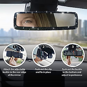KIWEN Bling Car Rear View Mirror, Car Rear View Mirror with Crystal Diamonds Bling Rhinestones Women Girl Gift, Car Accessories Car Interior Trim (Black Rhinestone)