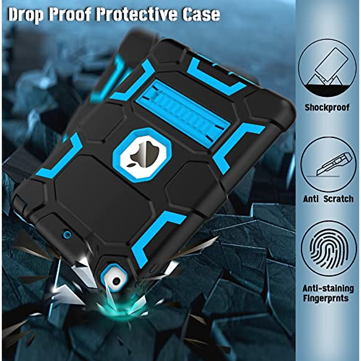 CCMAO Case for iPad 6th/5th Generation(9.7-inch, 2018/2017), iPad Pro 9.7 Inch Case 2016, iPad Air 2nd/1st Case with Kickstand, Hybrid Shockproof Protective Case for Kids Boys, Black+Sky Blue