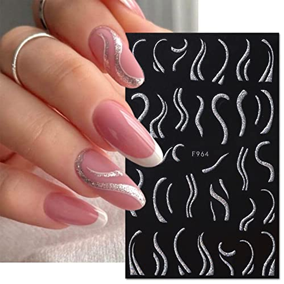 JMEOWIO 8 Sheets French Tip Nail Art Stickers Decals Self-Adhesive Pegatinas Uñas Silver Line Nail Supplies Nail Art Design Decoration Accessories