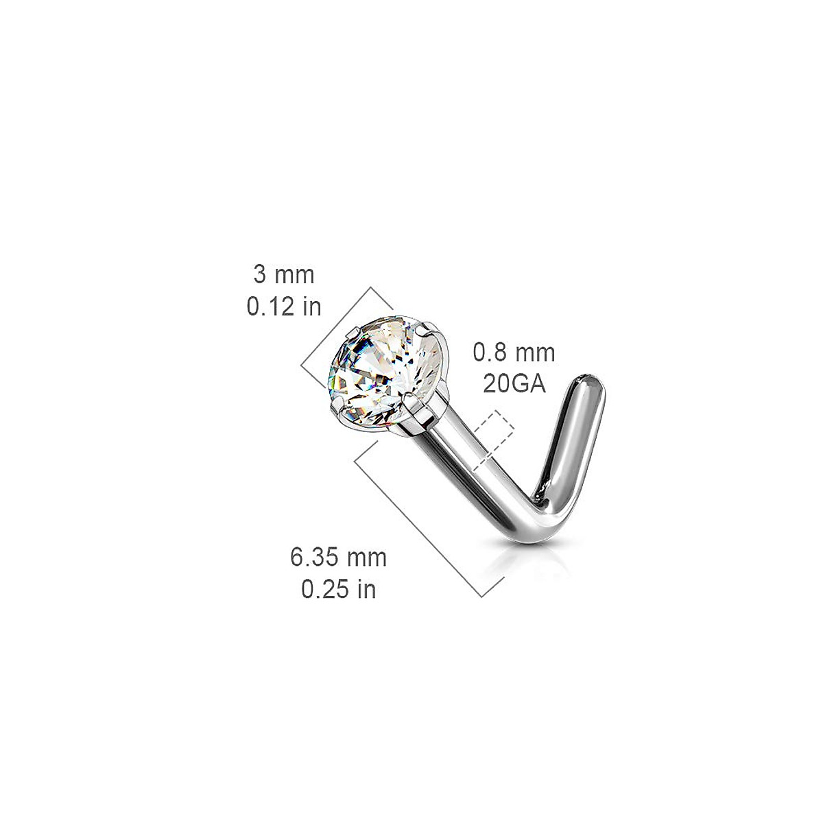 FIFTH CUE Solid Titanium L Bend Nose Stud with Prong Set Gem (18G | 3mm)