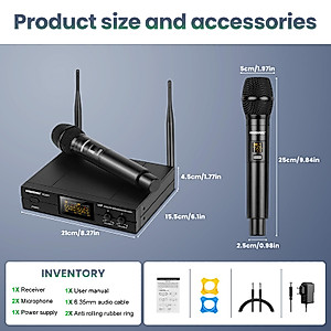 Wireless Microphone System Dual UHF Handheld Cordless Mic Set Work Range 180ft Dynamic Microphone with XLR & 1/4 inch Jack for Church Karaoke Machine Speech Wedding Party Singing