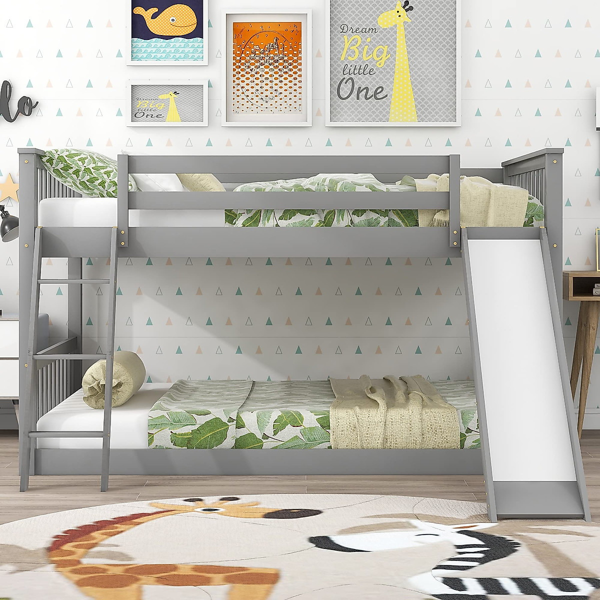 Harper & Bright Designs Full over Full Bunk Bed with Slide and Ladder, Wooden Low Bunk Bed, Kids Floor Bunk Bed Frame - Gray