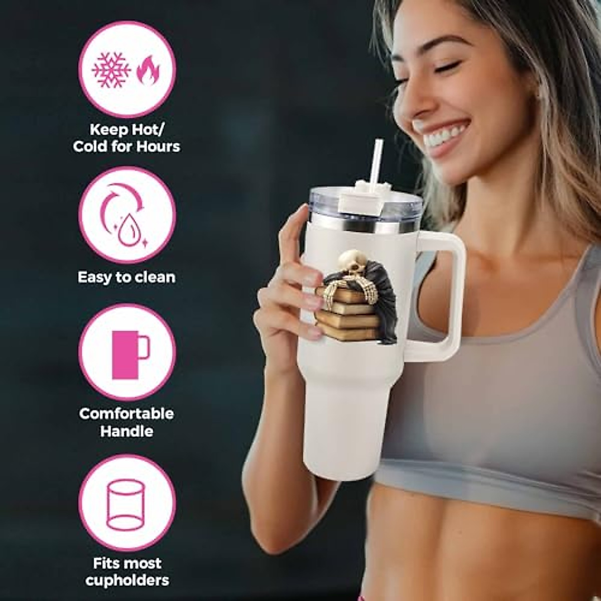 LB LEOBON 40 ounce insulated cup with handle, double-layer vacuum stainless steel material, equipped with straw, can keep warm or maintain cold drinks Skeletons Sleeping Books 2 Light pink