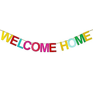 cobee Welcome Home Banner, Glitter Vintage Welcome Home Bunting Banner Sparking Shiny Colorful Hanging Banner for Home Decortaion Wedding Christmas Sweet Housewarming Return Family Party Supplies