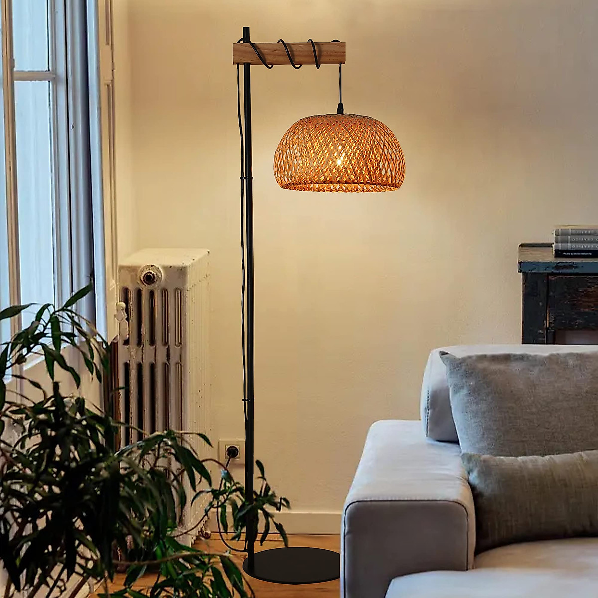 Industrial Tall Floor Lamp for Living Room Bamboo Lampshade, Black Lights Fixtures with Cord On/Off Switch E26 Base Industrial Modern Wire Wood Decoration Standing Lamp for Bedroom (No Bulb)