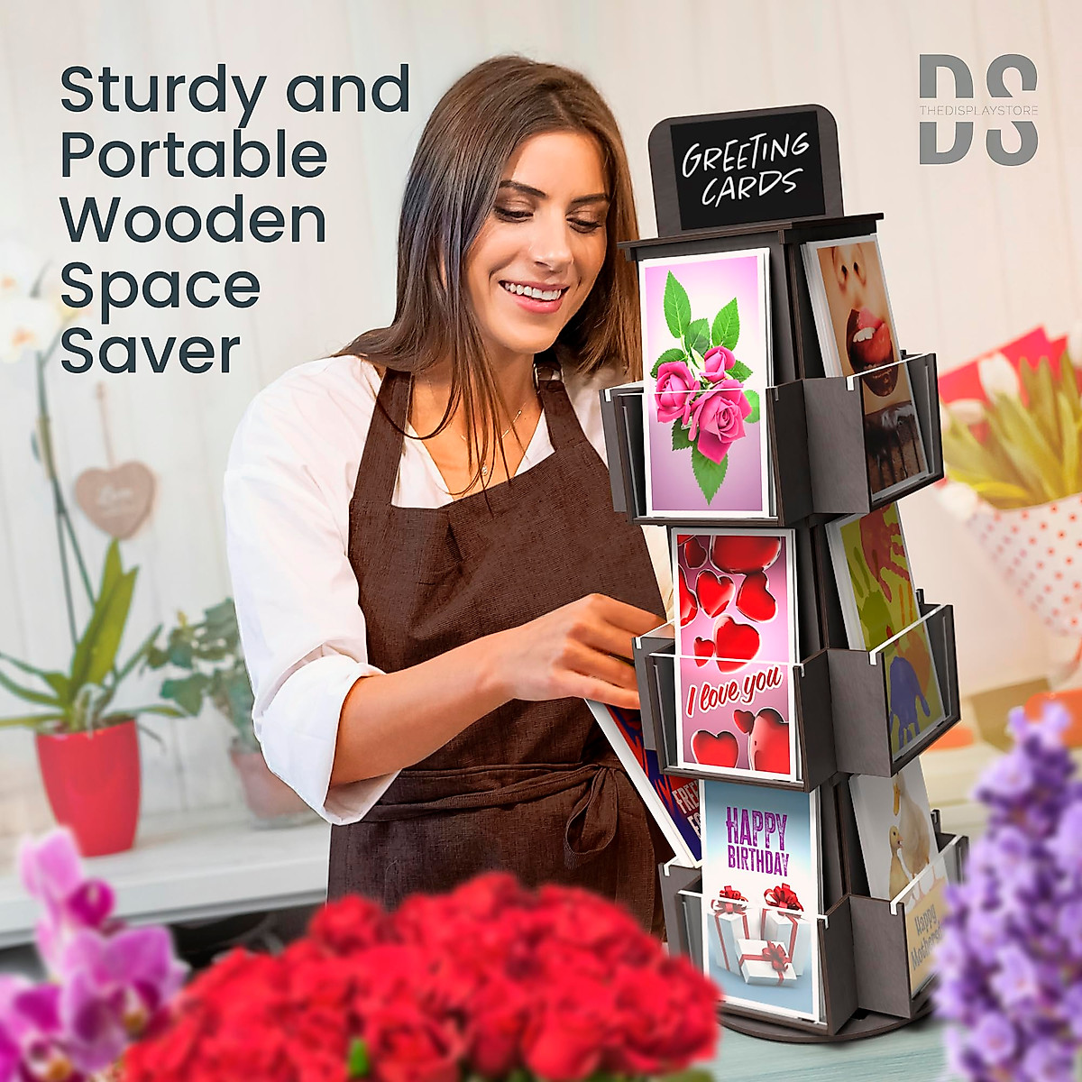 DS THE DISPLAY STORE Black 3 Tier Wooden Rotating Greeting Card Retail Display Stand, Sticker Display Card Stand, Rotating Display Stand & Sticker Holder, Retail Counter Vendor Display