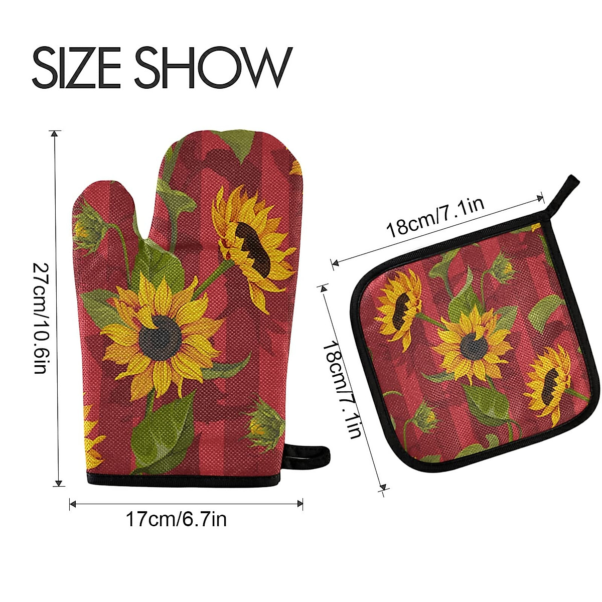 Fall Red Sunflower Oven Mitts and Pot Holders Autumn Thanksgiving Hot Pads & Heat Resistant Gloves Oven Mitten for Kitchen Cooking BBQ Baking Bakeware