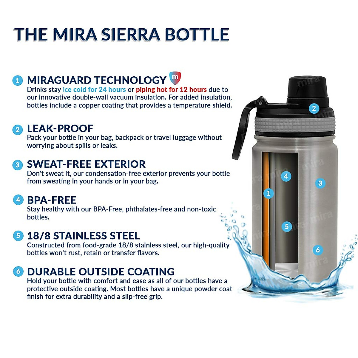 MIRA 12 oz Stainless Steel Kids Water Bottle - Metal Thermos Flask Keeps Cold for 24 Hours, Hot for 12 Hours - Double Wall Vacuum Insulated - Leak Proof BPA-Free Lid - Teal