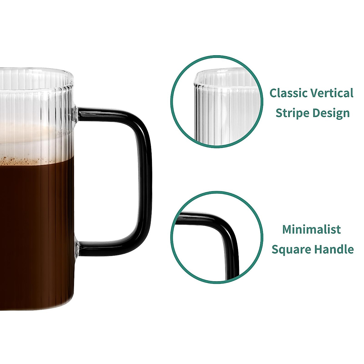 Wtrgas 6 Packs Simple Glass Coffee Mugs with Handle, 17 oz Clear Coffee Cups for Home, Cafe, Coffee Bar
