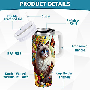 ODAWA Butterfly Cat Insulated Tumbler 30 Oz Coffee Travel Mug with Handle and Straw Lid