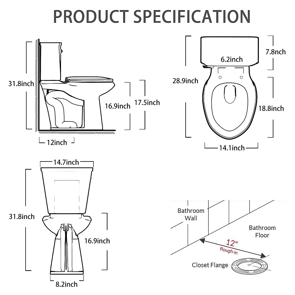 Two Piece Extra Tall Toilets | High Toilets For Bathrooms Comfort Height Elongated With 17.5 Inch high toilet Bowl, 1.28gpf & 12" Rough-in Extra High Toilet For Seniors, Disabled And Tall People