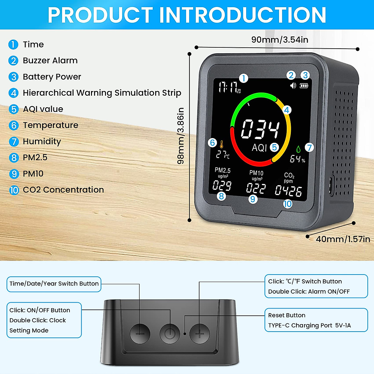 Chaoos 6-in-1 Indoor Air Quality Monitor, Detects CO2, PM2.5, PM10, AQI, Temp and Humidity, AQI Monitor with Alarm, CO2 Monitor for Home, Cellars, Grow Tents, Offices