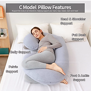 Kproly KRROLY Pregnancy Pillows for Sleeping - Body Pillow for Pregnancy - Memory Foam and Fiber Clusters Maternity Pillow with Removable Washable Reversible Cooling Jersey Cover（C Shape,Grey）