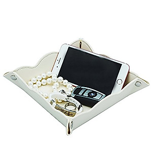 LISRSC Leather Valet Tray for Women,Trinket Jewelry Cosmetic Organizer Catchall Tray for Desk Dresser Nightstand (Off-White)