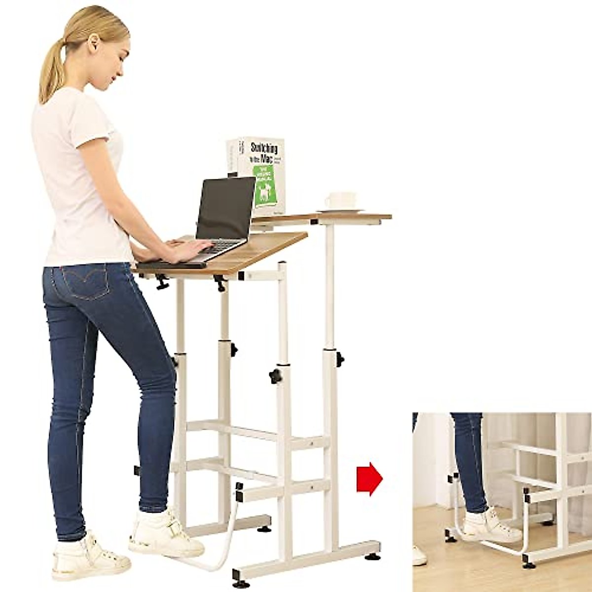 SDADI 2 Inches Carpet Wheels Mobile Standing Desk Stand Up Desk Height Adjustable Home Office Desk with Standing and Seating 2 Modes 3.0 Edition, Light Grain S001WFLT