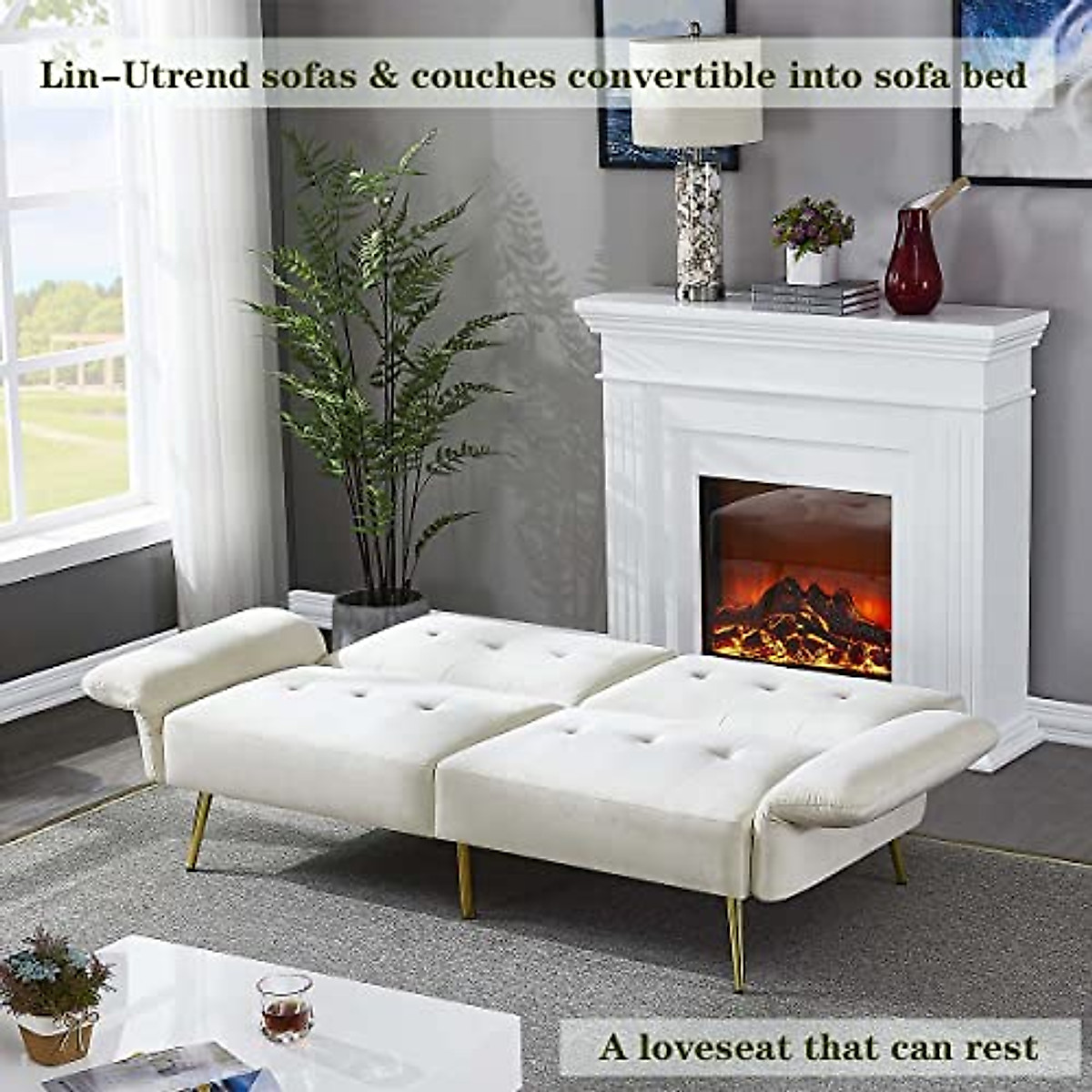 Lin-Utrend 67" Comfortable Velvet Couch，Convertible Sofa Bed, Living Room Sofas with Adjustable backrest and armrest, for Living Room, Apartment, Bedroom, Office, Shop(Beige)