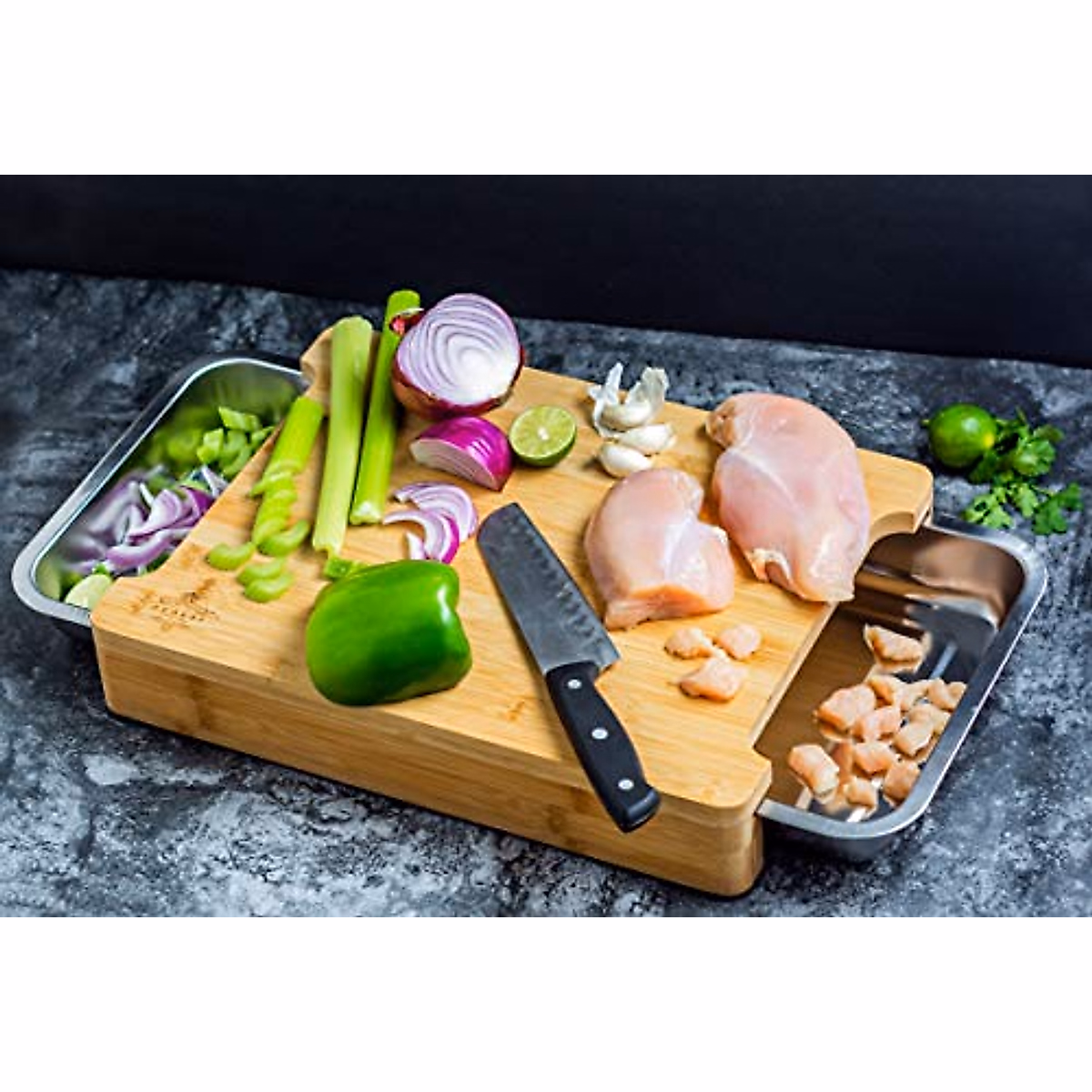 ecozoi Bamboo Cutting Board with Containers, Large Wood Cutting Board with Slide Out Trays, Eco Friendly Space Saver and Non Slip Chopping Board, Wooden Butcher Block with Pull Out Drawers