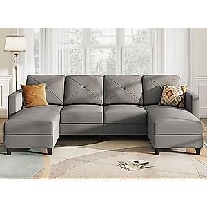 HONBAY U Shaped Sectional Sofa Convertible Couch with Double Chaises 4 Seat Sofa with Ottomans for Living Room, Light Grey