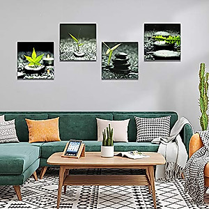 Artscope 4 Pieces Canvas Prints Wall Art - Green Leaf Raindrops and Stones Picture Painting- Modern Wall Artwork Framed for Bathroom Home Office Decor - 12 x 12 Inch