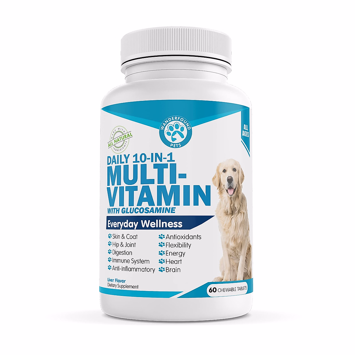 Wanderfound Pets 10-in-1 Dog Multivitamin, Chewable Dog Vitamins with Glucosamine, D3, and MSM, Dog Health Supplies for Immune System and Joint Health, Liver Flavor, 60 Tablets