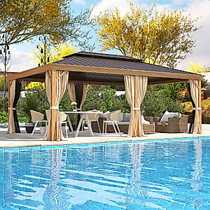 EROMMY 14' x 20' Hardtop Gazebo, Wooden Finish Coated Aluminum Frame Canopy with Double Galvanized Steel Roof, Outdoor Permanent Metal Pavilion with Curtains and Nettings for Patio, Backyard and Deck