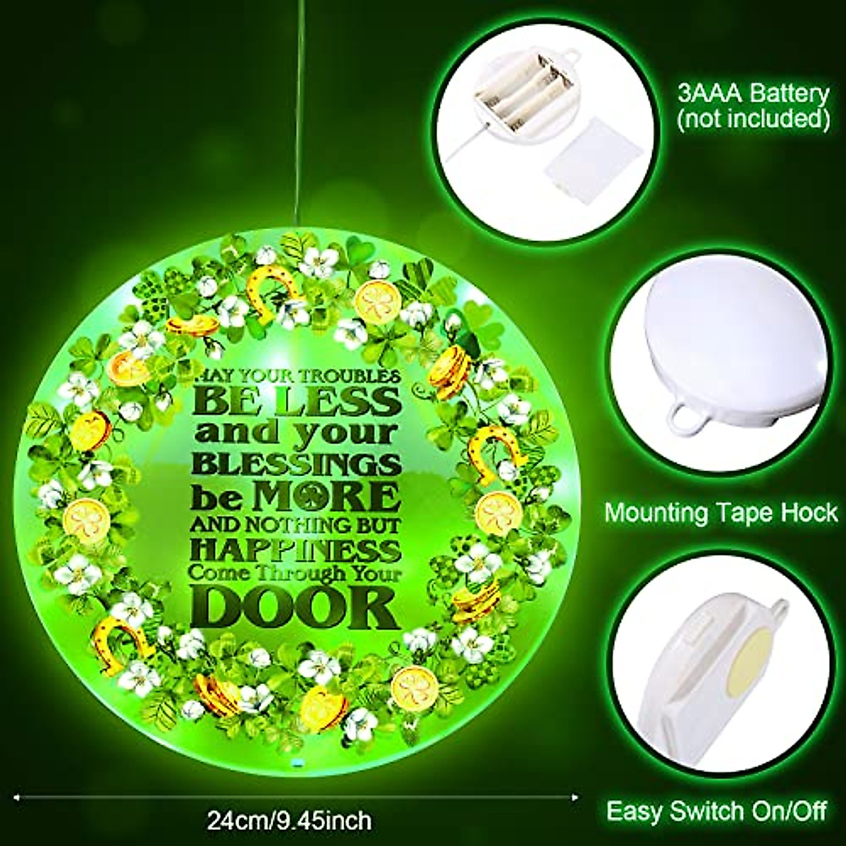 Capoda St. Patrick's Day Hanging Window Light Shamrock Decorations Irish May Your Blessing Light up Decor St. Patrick's Day Religious Christian Plaque Lucky Wishes Sign for Home Door Wall(Shamrock)