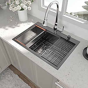 Beslend 28 Black Drop In Workstation Kitchen Sink - 28"x22"x10" Gunmetal Black Stainless Steel Topmount 16 Gauge 10 Inch Deep Sink