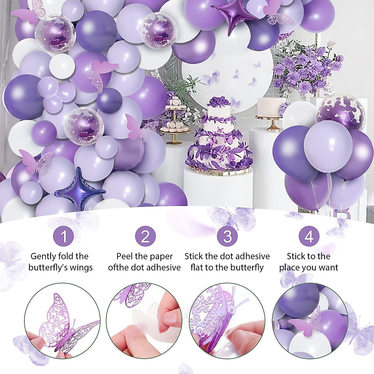 PERPAOL 150pcs Purple Balloon Garland Kit with Butterfly Stickers, Lavender White Macaron Metallic Purple Confetti Balloons Arch for Birthday Wedding Anniversary Sweet 16 Enchanted Forest Party Decor