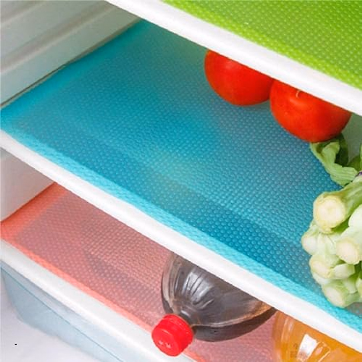 12 Pcs Refrigerator Liners, CR Washable Mats Covers Pads, Home Kitchen Gadgets Accessories Organization for Top Freezer Glass Shelf Wire Shelving Cupboard Cabinet Drawers (4 Blue+4 Green+4 Red)