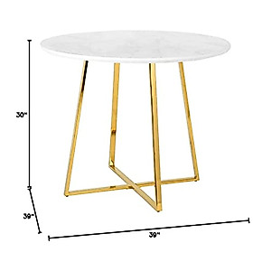Limari Home Ruzzin Collection Modern Style Faux Marble 4 Persons Round Dining Table with Metal Base, White, Gold