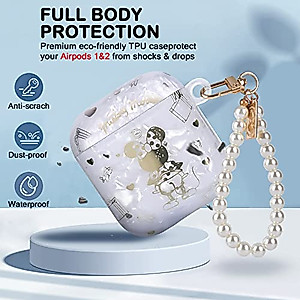 Cute Case for AirPods 1/2 with White Pearl Wrist Keychain for Women Girls Kids Kawaii Min Mouse Glitter Bling Marble Shell Colorful Protective Soft Cover Case Skin