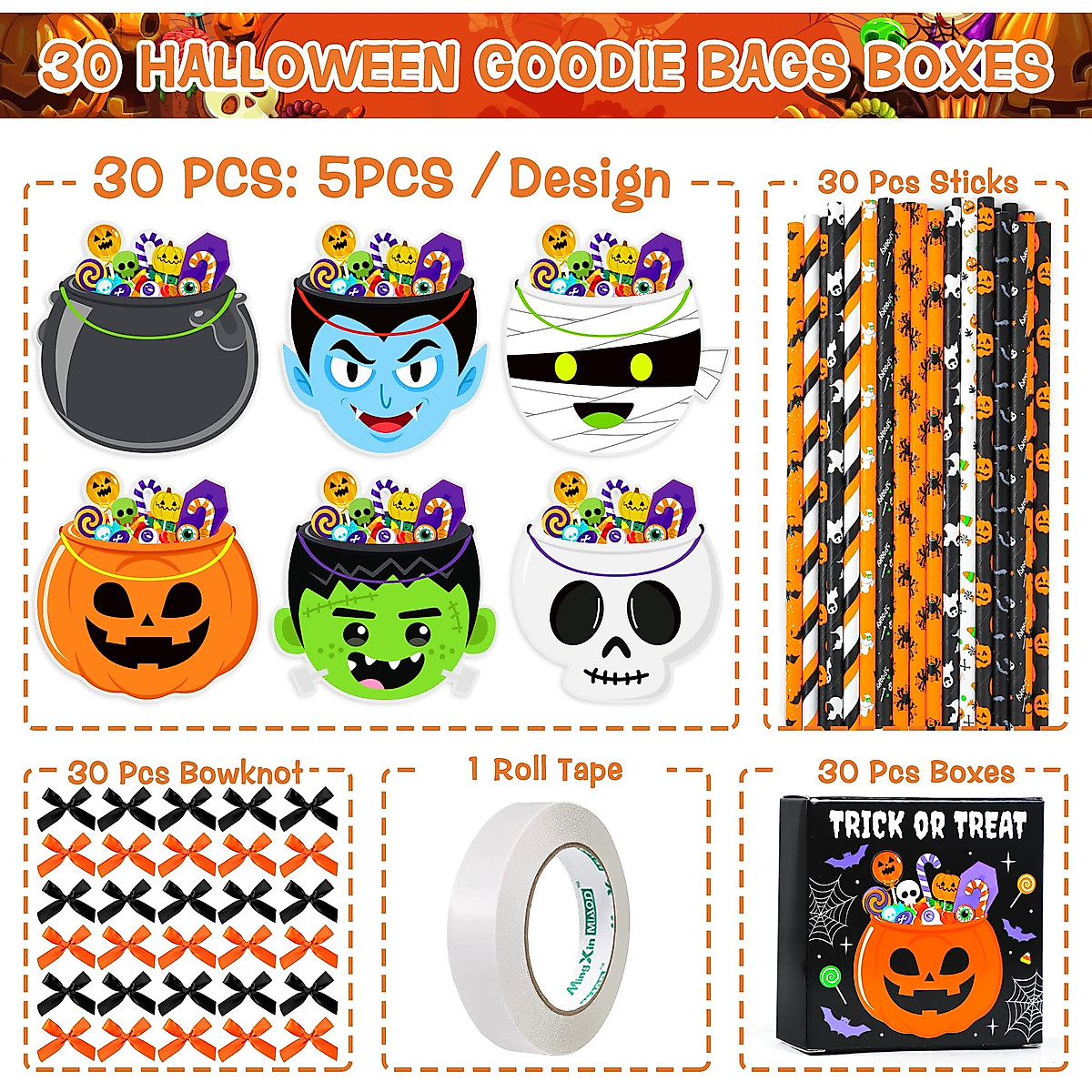 30 Pcs Halloween Treat Bags Boxes, Trick or Treat Halloween Candy Bags for Small Party Favors Toys Halloween Goodie Bags Bulk for Kids Classroom Prizes Treats Basket Stuffers Halloween Party Supplies