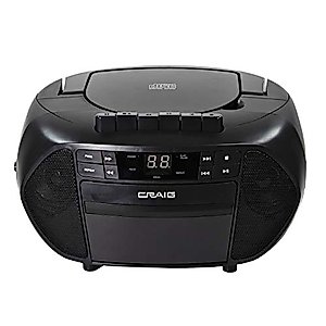 Craig CD6951 Portable Top-Loading CD Boombox with AM/FM Stereo Radio and Cassette Player/Recorder in Black | 6 Key Cassette Player/Recorder | LED Display |