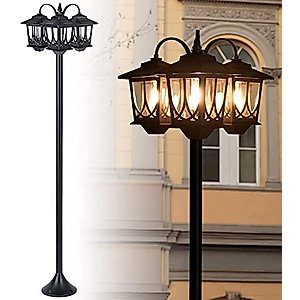 PASAMIC Outdoor Solar Lamp Post Lights Solar Powered, Solar Floor Lamps Outdoor Lights,3-Head Waterproof Street Lights for Garden,Lawn,Pathway,Driveway,Front/ Back Door,60 Lumens,3 Extra Spare Bulbs