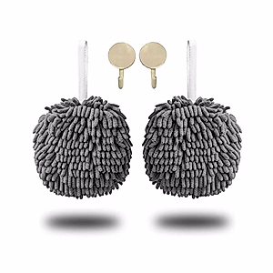 XINOBO 2Pack Chenille Hand Drying Puff Towel Balls, Fuzzy Ball Towel Quick Dry with Hook Hanging, Creative Decorative Bath Towel Set for Bathroom Kitchen - Dry Your Hand Instantly - (Gray & Gray)