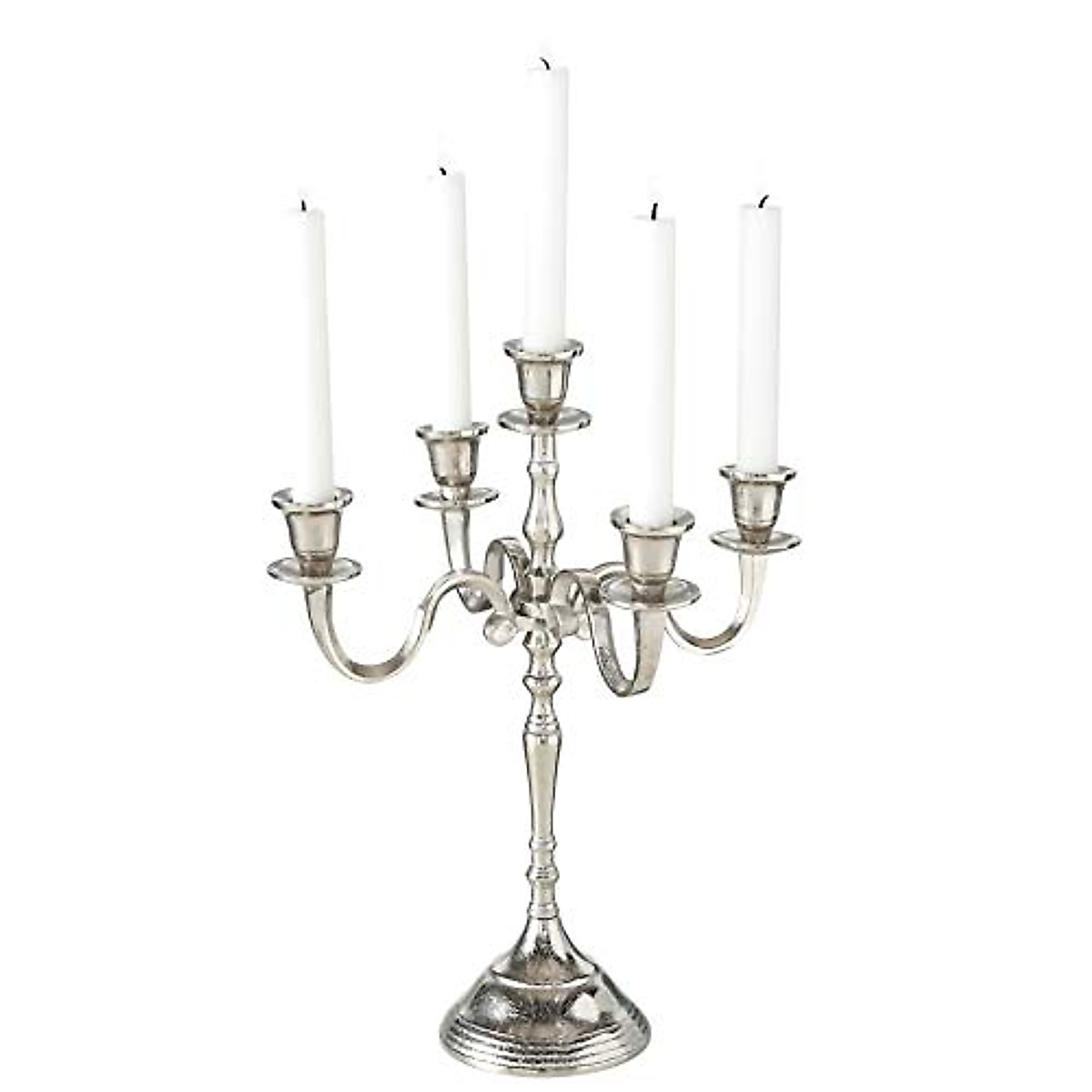 Hamptons Five Candle Candelabra, Silver Finish, Centerpiece, Hand Crafted of Cast Aluminum, Atelier Craft Surface Details, Over 1 FT High, (15.75 Inches)