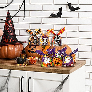Yeabomy Halloween Treat Bags 100Pcs,6 Style Candy Bags Treat Bags Kids, Cute Rabbit Ear Plastic Goody Bags Halloween Bags for Trick or Treat Goodie Party Favor Gifts