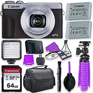 Canon PowerShot G7 X Mark III Camera w/ 1 Inch Sensor & 4k Video - Wi-Fi & Bluetooth Enabled (Silver) & LED Video Light, 64GB Transcend Memory Card, Extra Battery + Accessory Bundle (Renewed)