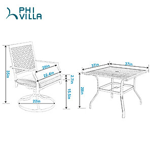 PHI VILLA Outdoor Patio Wood-Like 37" Square Dining Table and Arm Swivel Chairs Furniture Set of 5