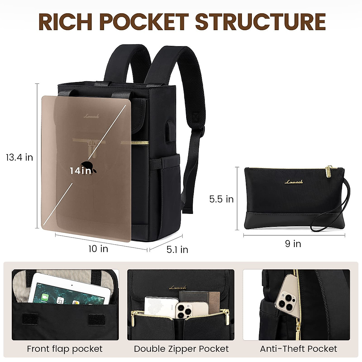 LOVEVOOK Backpack Purse for Women, Convertible Mini Backpacks Tote for Teen Girls, Small College Bookbag for Work, School, Travel, 2pcs set, Black