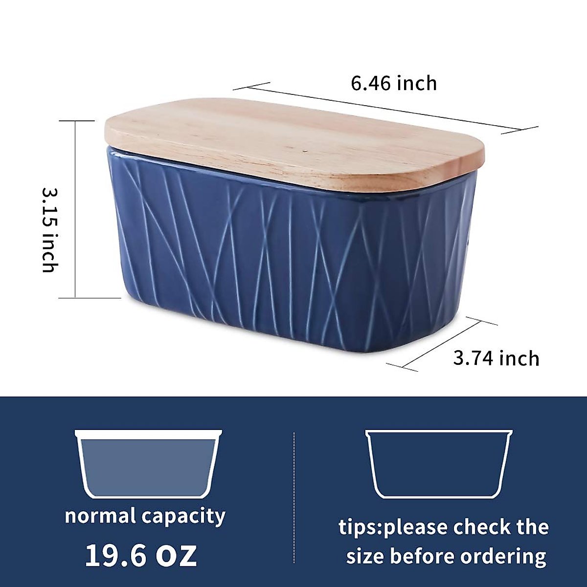 KOOV Porcelain Large Butter Dish with Lid for Countertop, Airtight Butter Container with Oak Lid, Butter Crock, Perfect for 2 Sticks of Butter, Irregular Striped Series (Aegean)