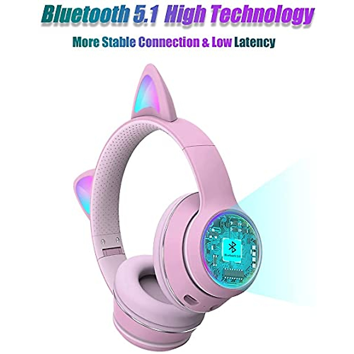 Zuri Sana Cat Ear Gaming Bluetooth 5.2 Wireless Foldable Headphones with LED Light, Over Ear Stereo Sound Music Headsets with Microphone AUX for PC TV Pad Cellphone Laptop Game Kids Adults Gift