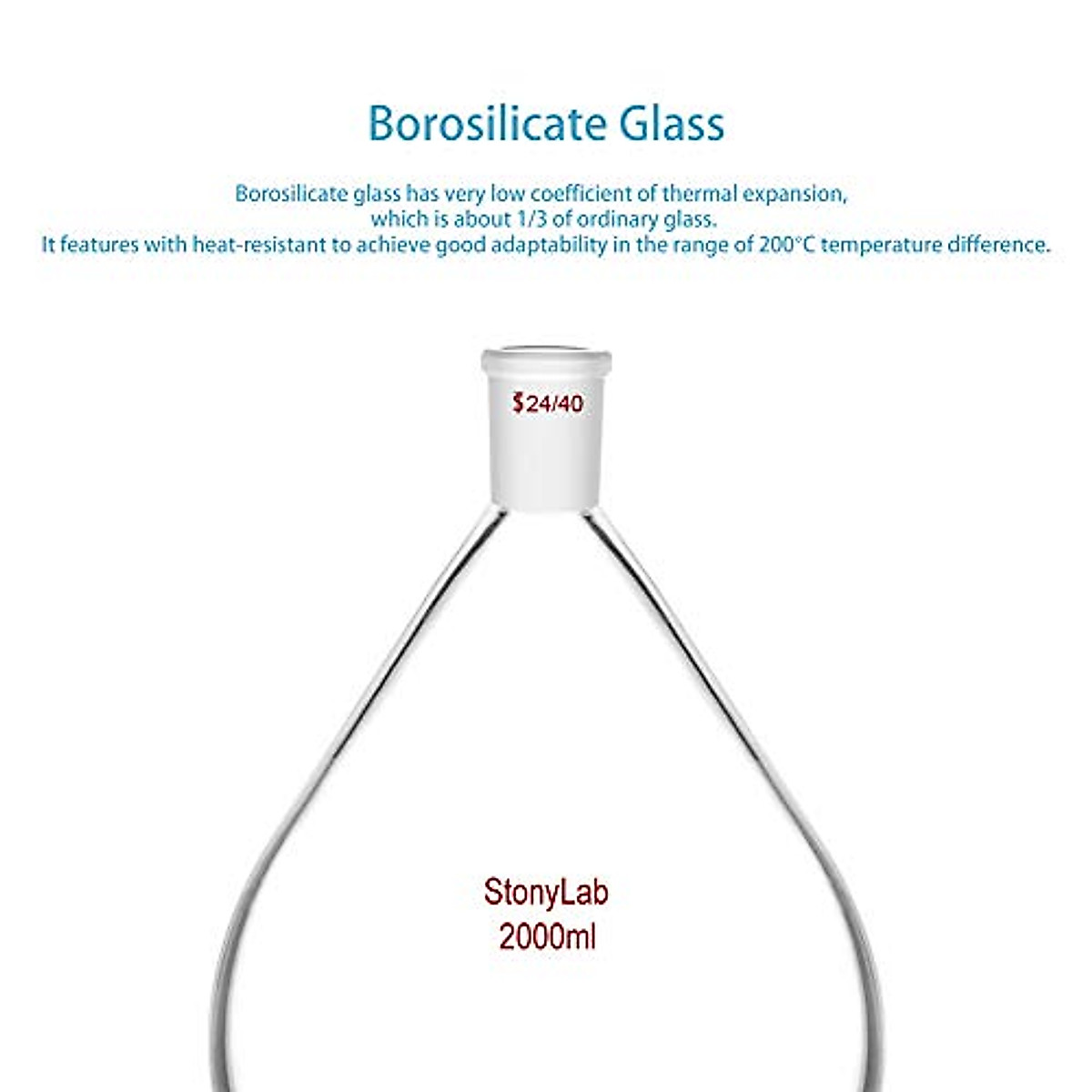 StonyLab Borosilicate Single Neck Glass Heavy Wall Recovery Flask Rotary Evaporator Flask, with 24/40 Outer Joint (2L)