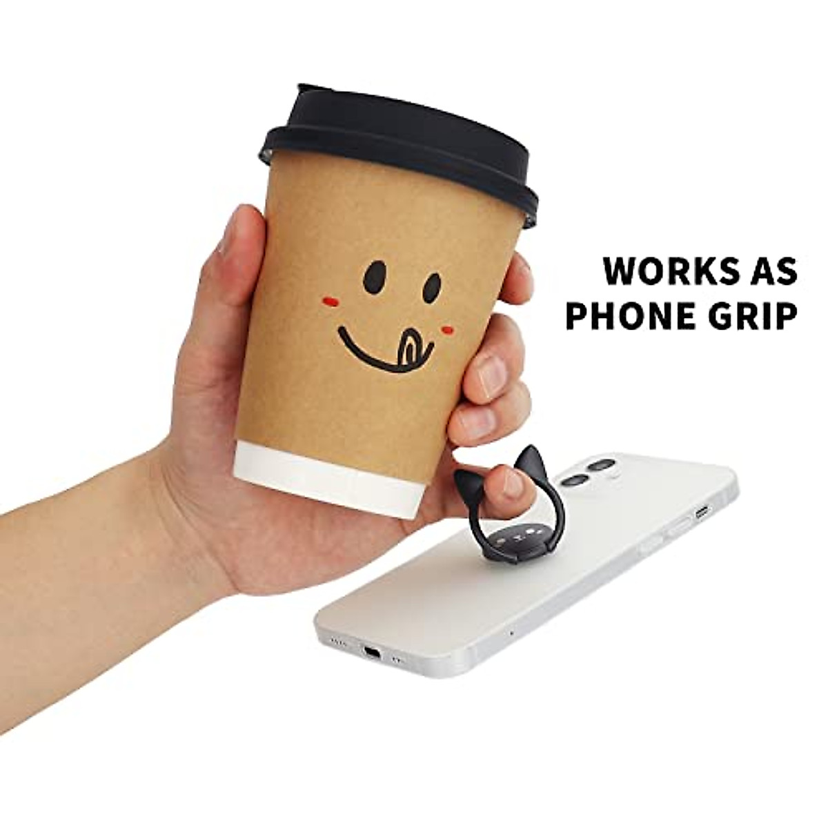 LaMignonne Cat Cell Phone Ring Holder Ultra-Slim Metal Finger Grip 360° Rotation & 180° Flip Universal Phone Kickstand for Magnetic Car Mount Compatible with All Smartphones (Black-Smile)